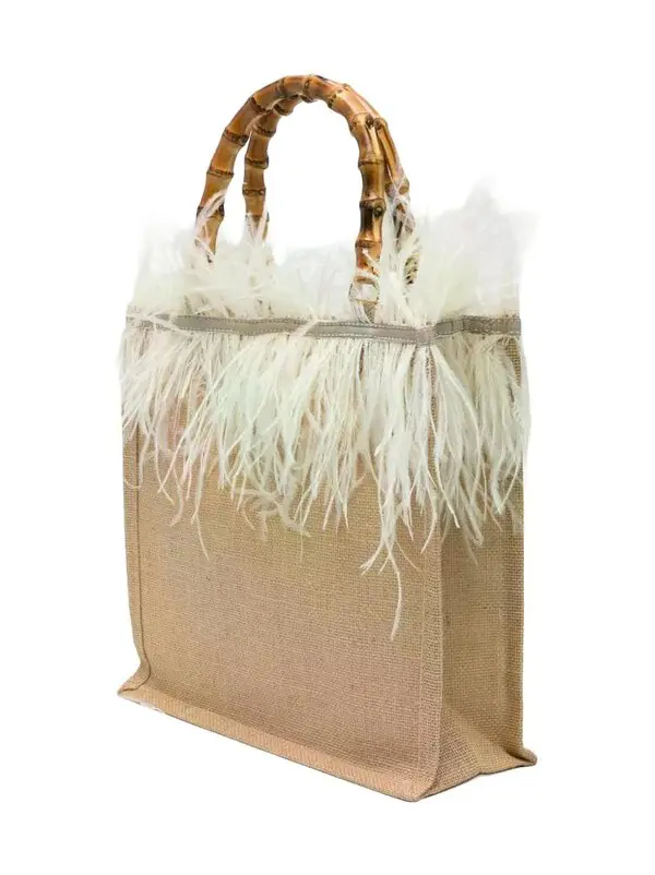 LA MILANESA Feather Trimmed Bamboo Handle Tote - Neutrals