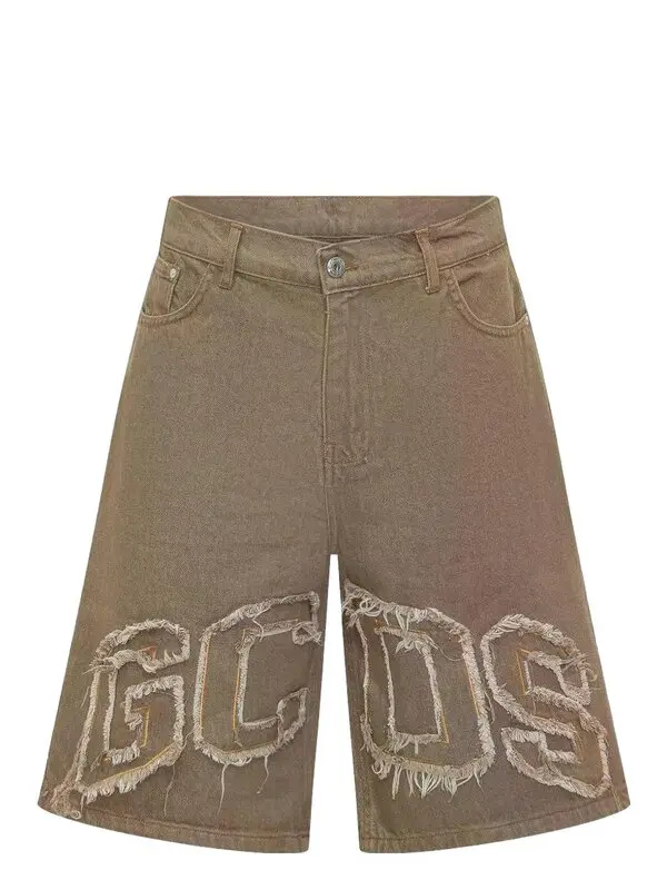 Gcds Logo Patch Frayed Denim Shorts - Neutrals