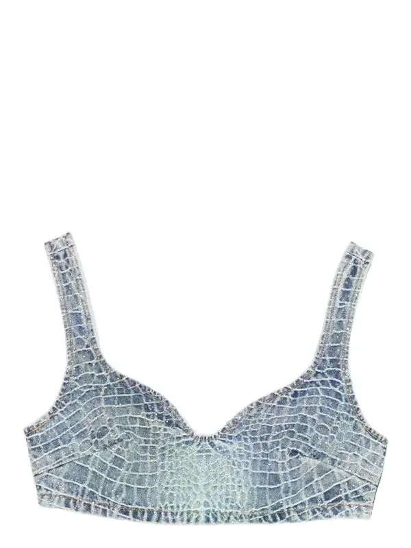SELF-PORTRAIT Embossed Cotton Cropped Bralette Top - Blue