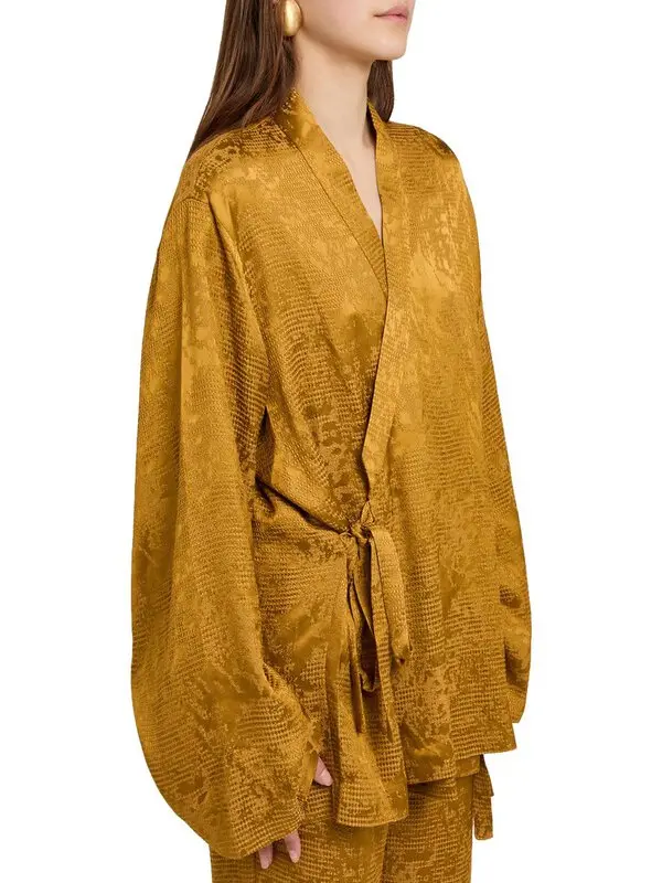 DELOS Textured Jacquard Satin Wrap Shirt - Bronze