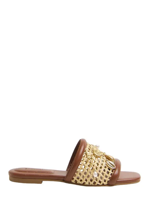 Simkhai Caspian Raffia Netted Sandals With Embellished Seashells - Brown