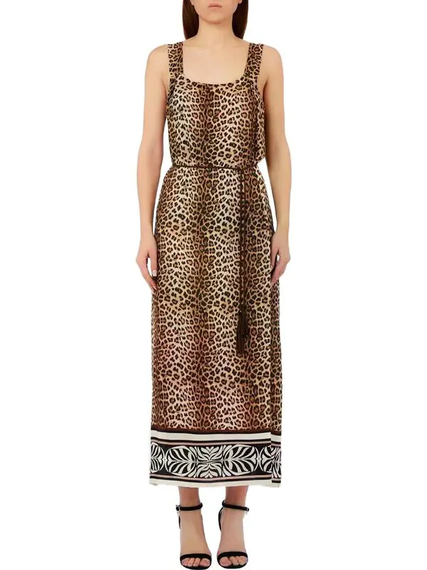 Liu Jo Leopard Print Tassel Belted Midi Dress - Neutrals