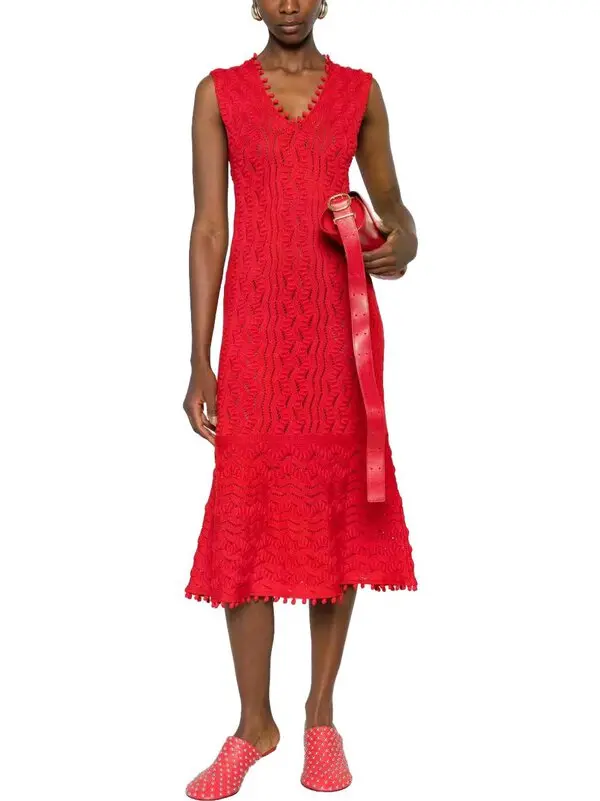 JIL SANDER Pom-pom Trim V-neck Midi Dress - Red