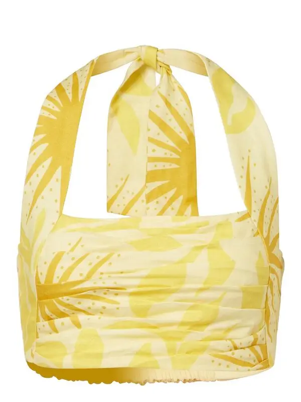CALA DE LA CRUZ Printed Halterneck Linen Crop Top - Yellow