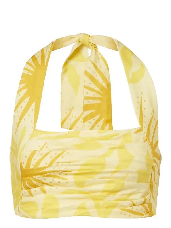 CALA DE LA CRUZ Fuji Printed Halterneck Linen Crop Top - Yellow