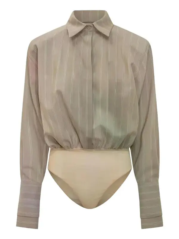 MOMS PANTS Striped Buttoned Cuffs Shirt Style Bodysuit - Neutrals