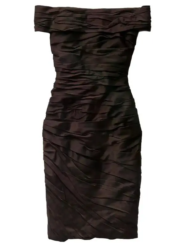 Versace Off-shoulder Draped Envers-satin Midi Dress - Brown
