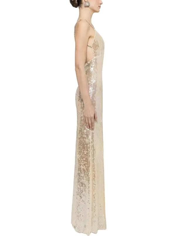 NISSA Backless Sequin Maxi Dress With Chain Straps - Neutrals