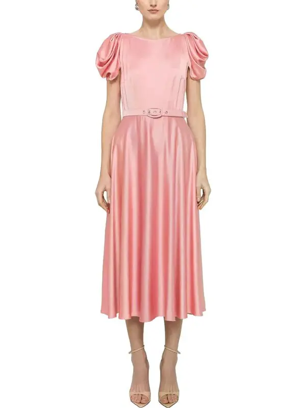 NISSA Belted Viscose Midi Dress With Volume Sleeves - Pink
