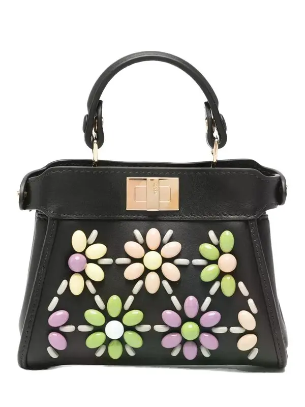 Fendi Nano Peekaboo Beaded-flowers Tote Bag - Black