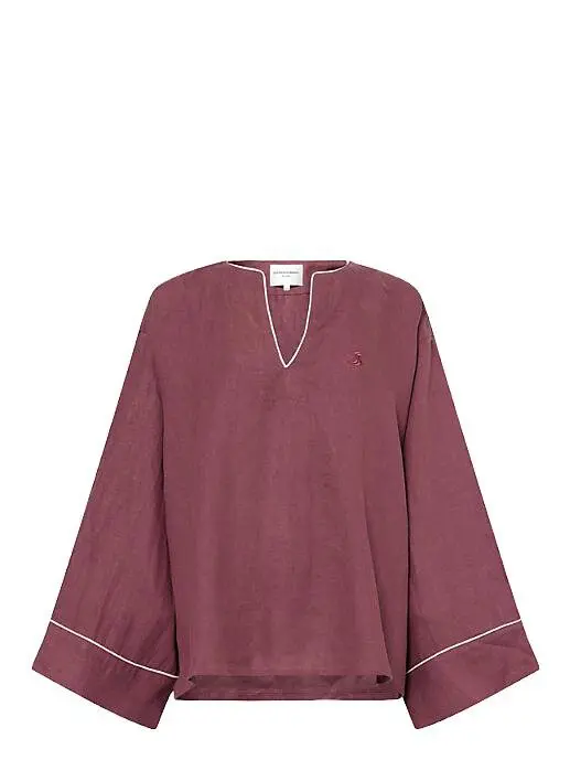 Second Summer Zahara Embroidery Linen Top - Cherry