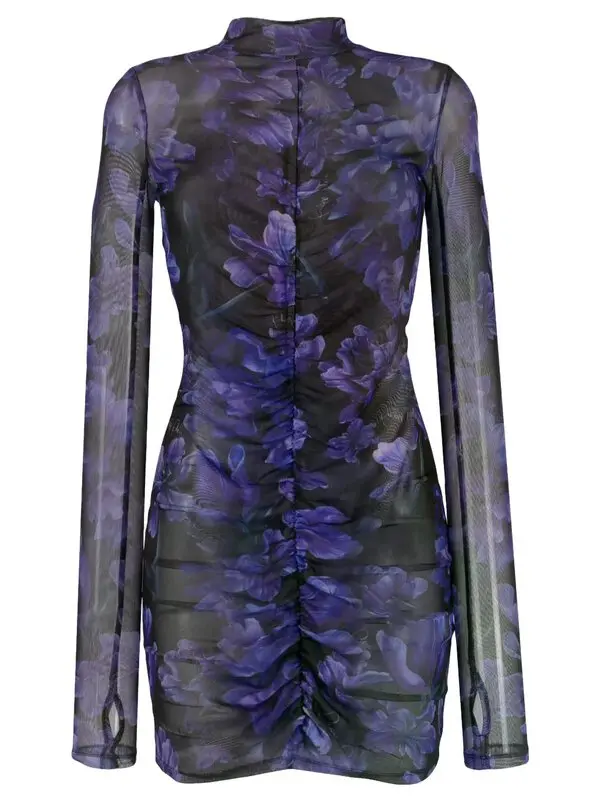 Philipp Plein Floral Print Ruched Long Sleeve Mini Dress - Black