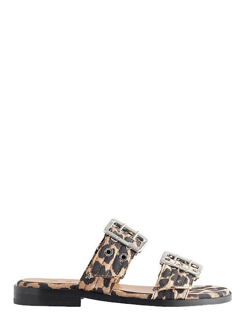 GANNI Leopard Print Denim Sandals - Beige Comb
