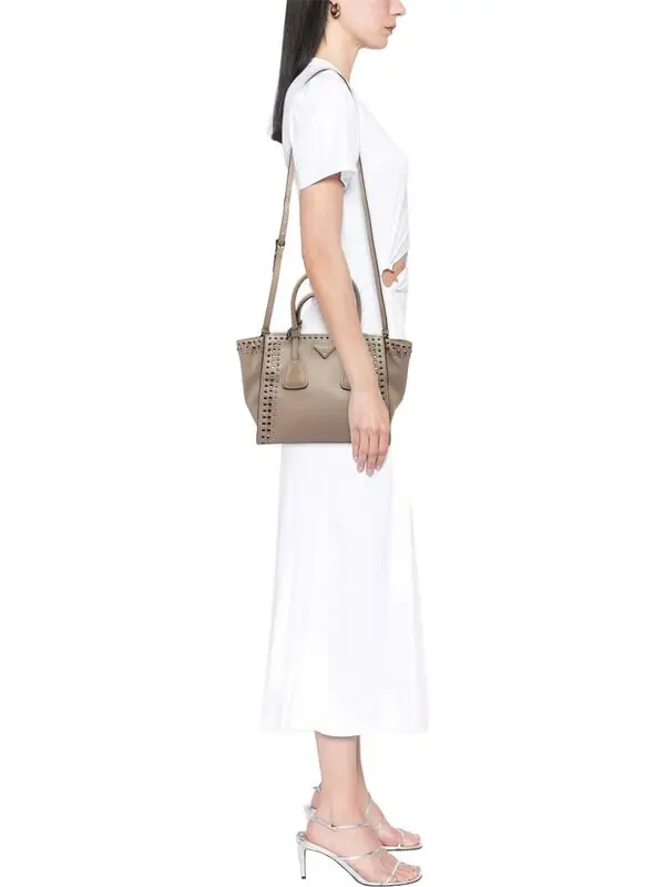 Prada 2013-2025 Glace Calf Studded Twin Pocket Satchel - Neutrals