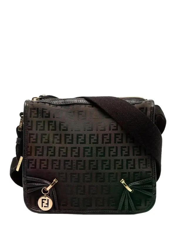 Fendi 2000-2010 Small Zucchino Canvas F Charm Crossbody Bag - Brown