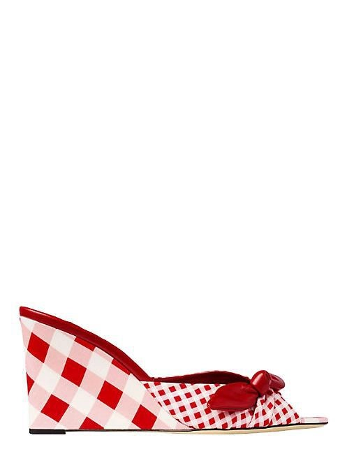 JIMMY CHOO Livi 85 Wedge Gingham Woven Heels - Ruby Red Mix