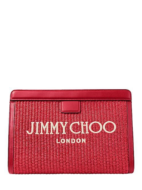 JIMMY CHOO Avenue Embroidered Raffia Pouch - Ruby Red/light Gold