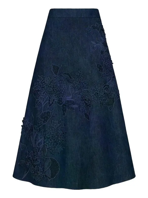 Oscar De La Renta Floral Appliqué Midi Skirt - Blue