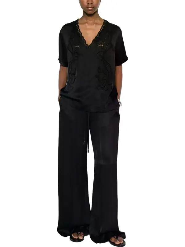 ERMANNO FIRENZE Embroidered V-neck Short-sleeve Blouse - Black