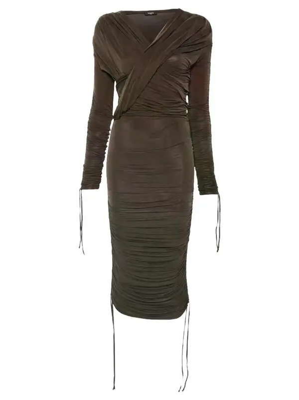 Balmain Draped Midi Dress With Gathered Detailing - Brown