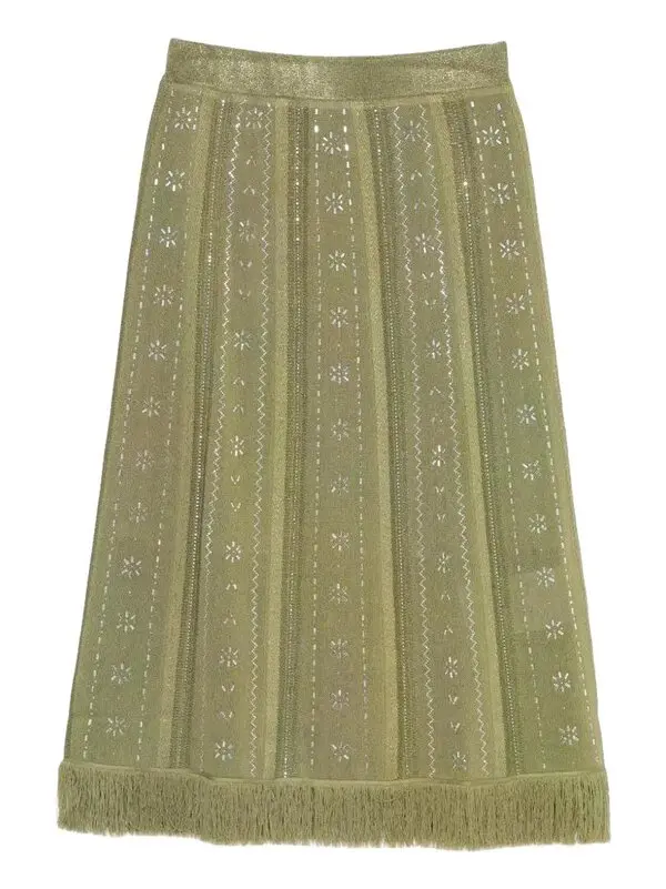 Maje Fringed Floral Midi Skirt - Green