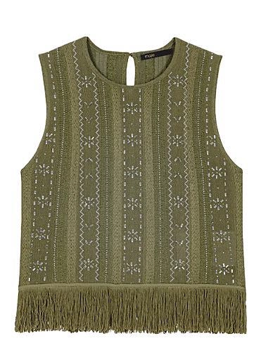 Maje Fringed Rhinestone-embellished Woven Top - Khaki