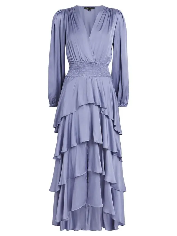 Maje Ruffled Midi Dress With V-neckline And Billowing Sleeves - Blue
