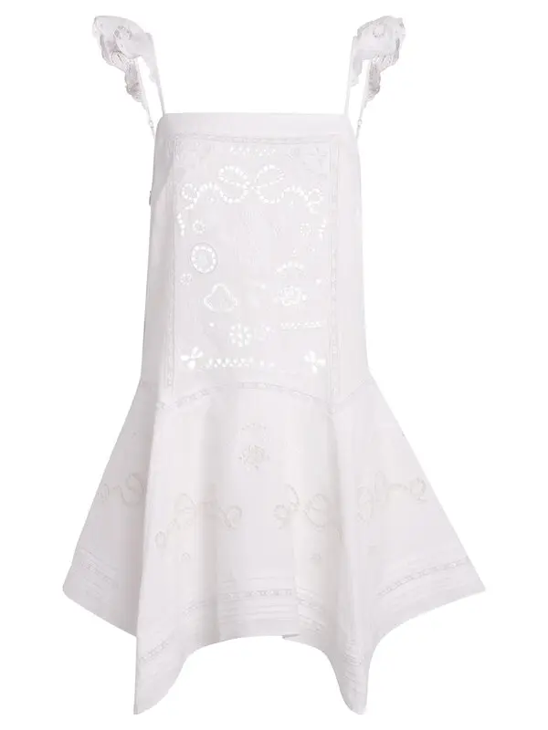 SELF-PORTRAIT Embroidered Linen-cotton Mini Dress - White