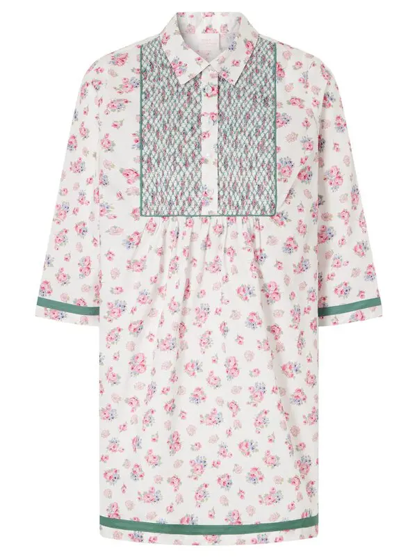 Loretta Caponi Alassio Shirred Embroidered Floral-print Cotton-poplin Mini Dress - Multi