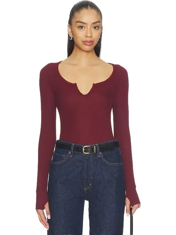 Michael Lauren Long Sleeve Ribbed Scoop Neck Top - Red