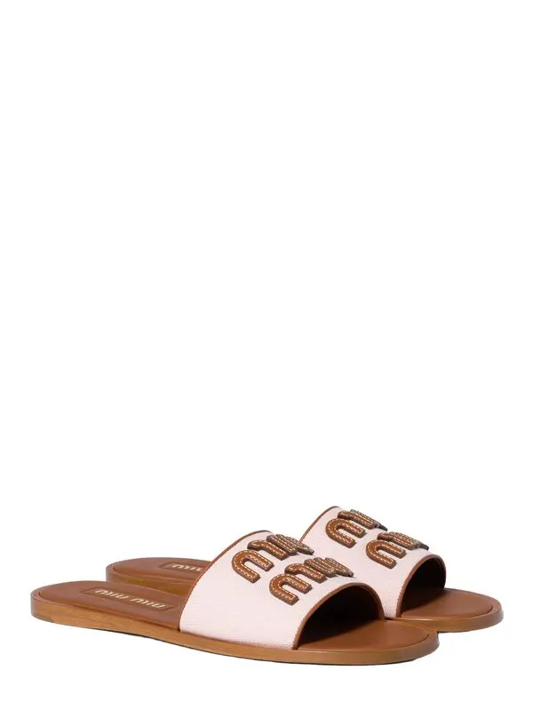 Miu Miu Embellished Logo Canvas And Leather Slides - Peach/brandy