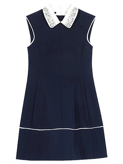 Maje Flared Contrast-collar Stretch Cotton-blend Mini Dress - Navy