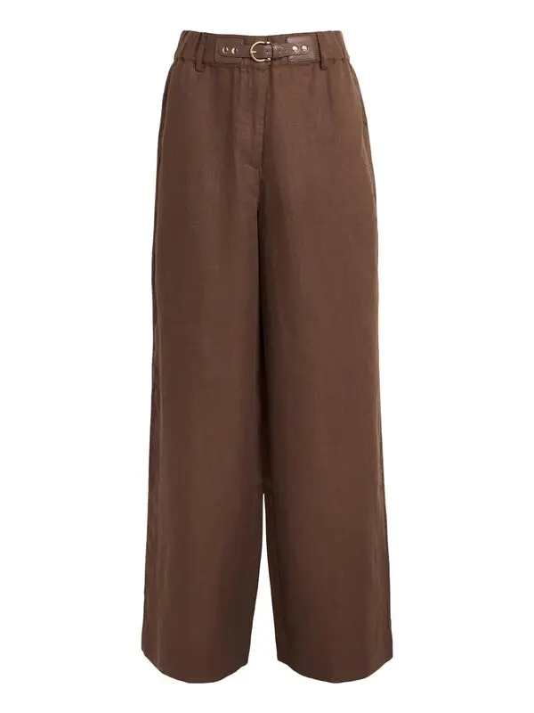 Maje Linen Belted Wide-leg Trousers - Brown