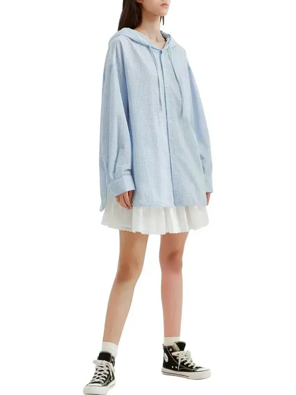 TOUT A COUP Hooded Long-sleeve Shirt With Drawstring And Chest Pocket - Blue