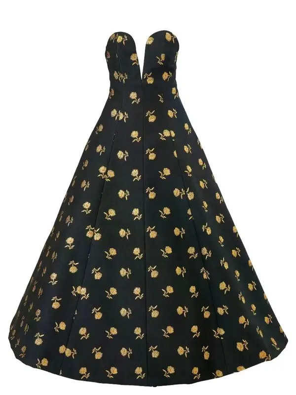 Carolina Herrera Carnation Jacquard Deep V-neck Gown - Black