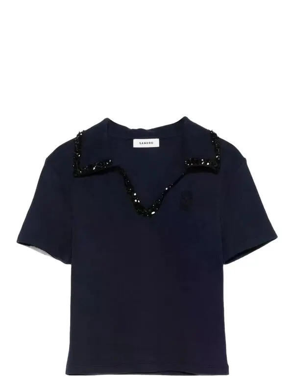 Sandro Cropped Embellished Collar Polo Shirt - Blue
