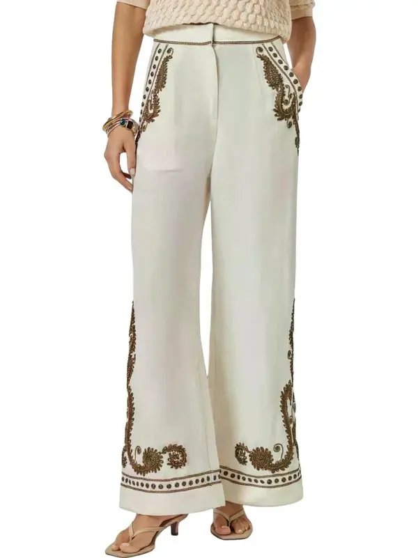 SCARLETT POPPIES High-waisted Wide Leg Embroidered Palazzo Pants - Neutrals