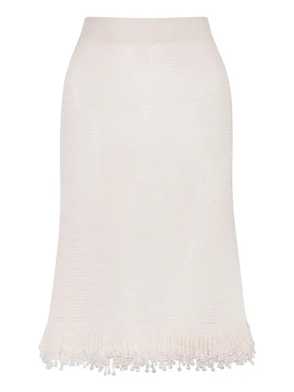 Paris Georgia Fringed Knit Cotton Midi Skirt - White
