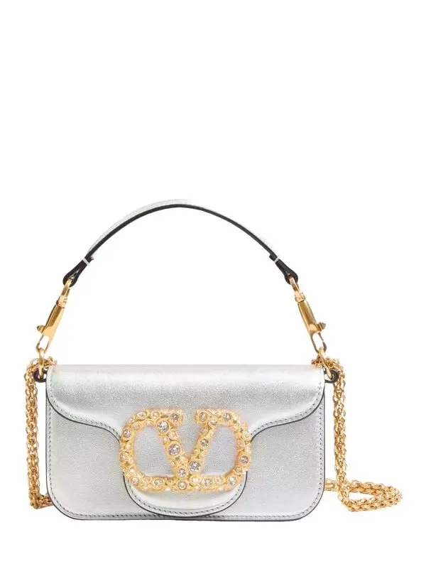 Valentino Garavani Locò Small Shoulder Bag In Laminated Calfskin - Silver