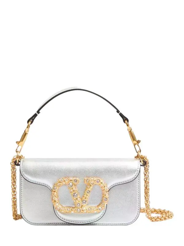 Valentino Garavani Locò Small Shoulder Bag In Laminated Calfskin - Silver
