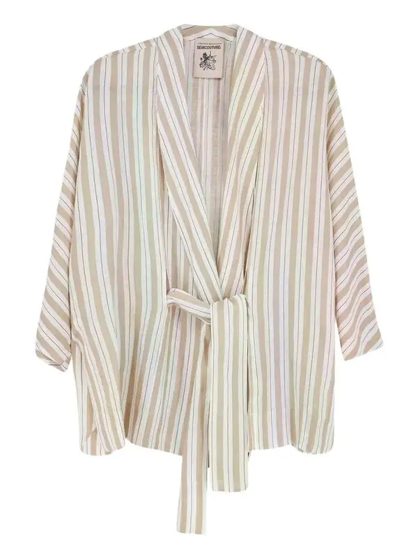 SEMICOUTURE Striped Kimono With Tie Waist - Neutrals