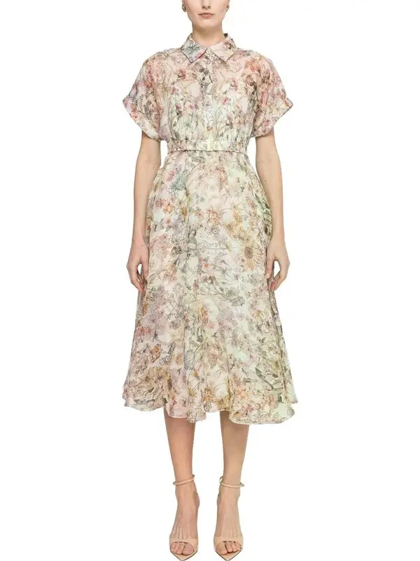 NISSA Belted Floral Print Linen Dress - Neutrals