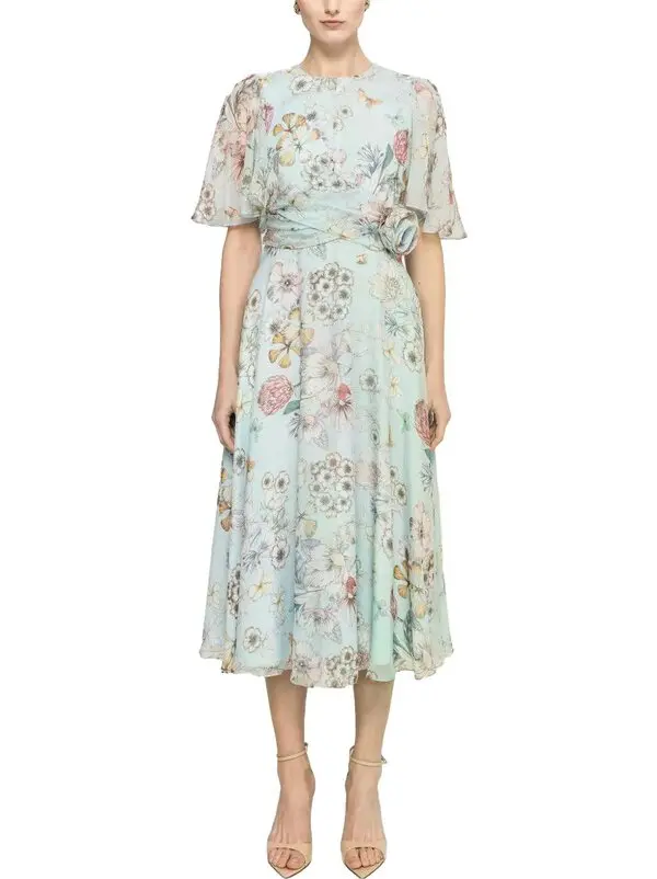 NISSA Floral Detail Silk Midi Dress - Blue