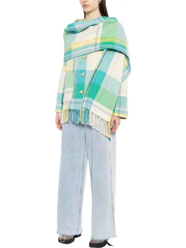 Mira Mikati Blanket Scarf Coat With Checked Pattern And Fringe - Neutrals