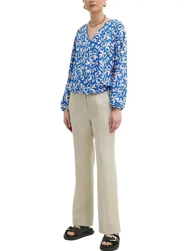 MORGAN V-neck Printed Long Sleeve Top - Blue