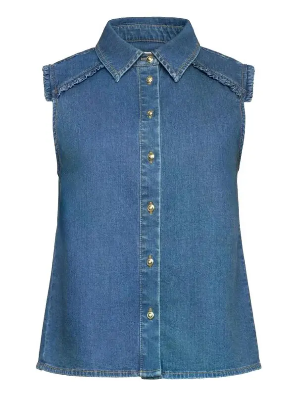 Cinq À Sept Sleeveless Denim Top With Ruffled Trim - Blue