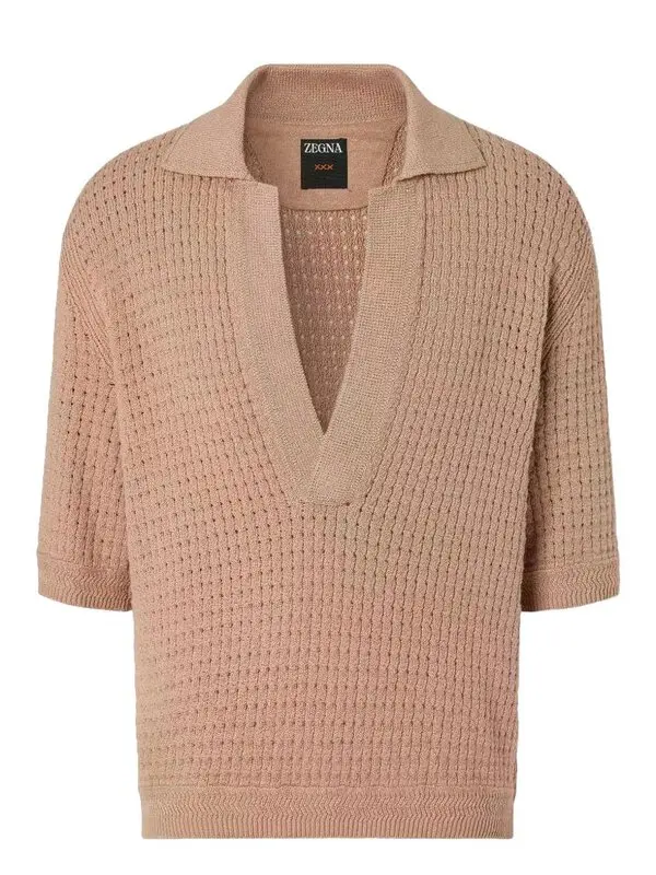 Zegna V-neck Knit Cotton Polo Shirt - Neutrals