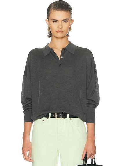 Renggli Silk Cashmere Boxy Long Sleeve Polo Top - Graphite