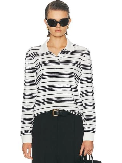 FRAME The Striped Long Sleeve Polo - Cream Multi