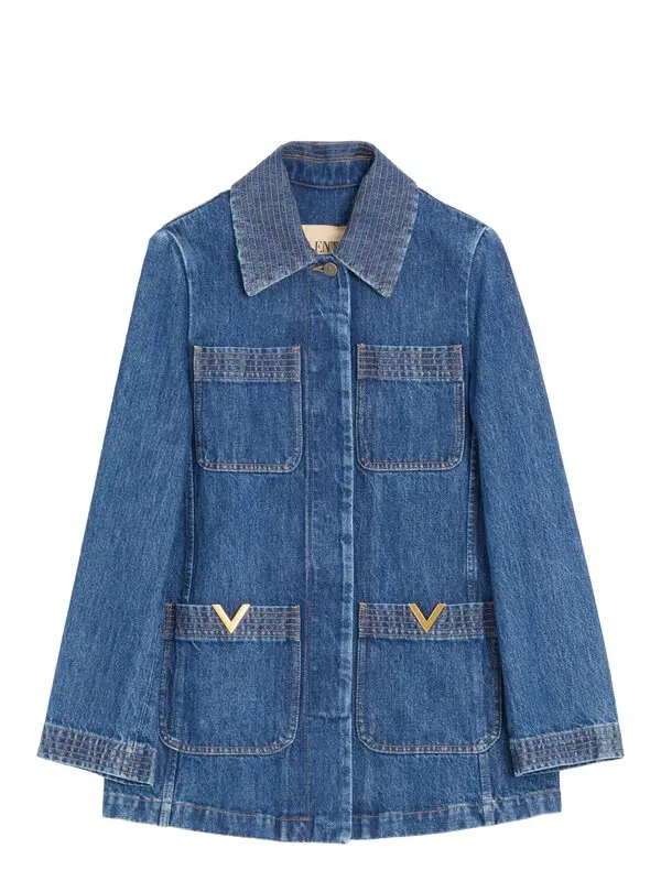 Valentino Garavani V Hardware Embroidered Denim Jacket - Blue